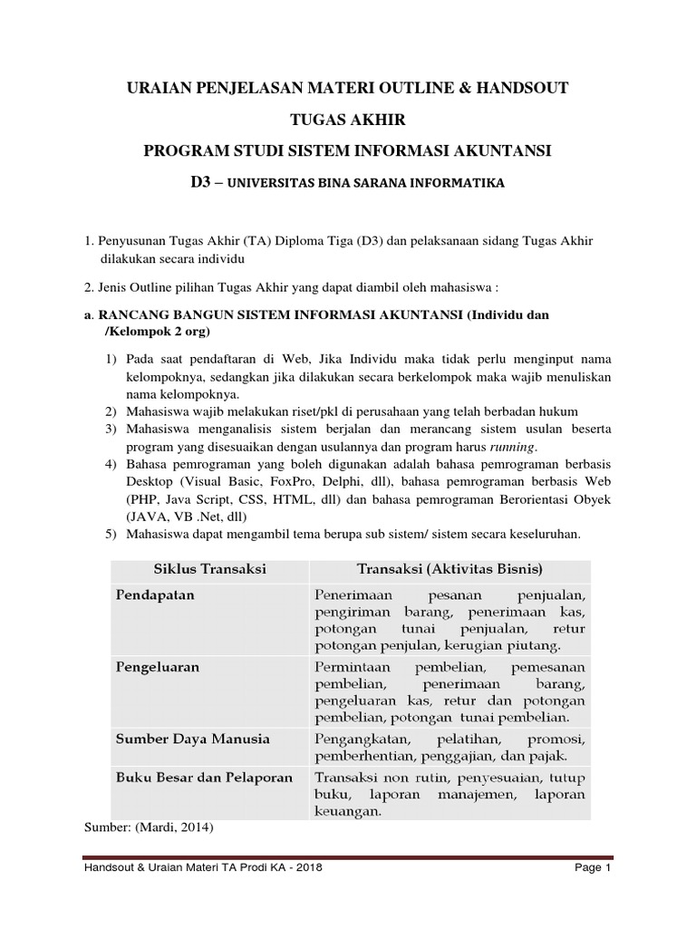 HandsOut & Uraian Materi Outline TA Prodi SIA | PDF