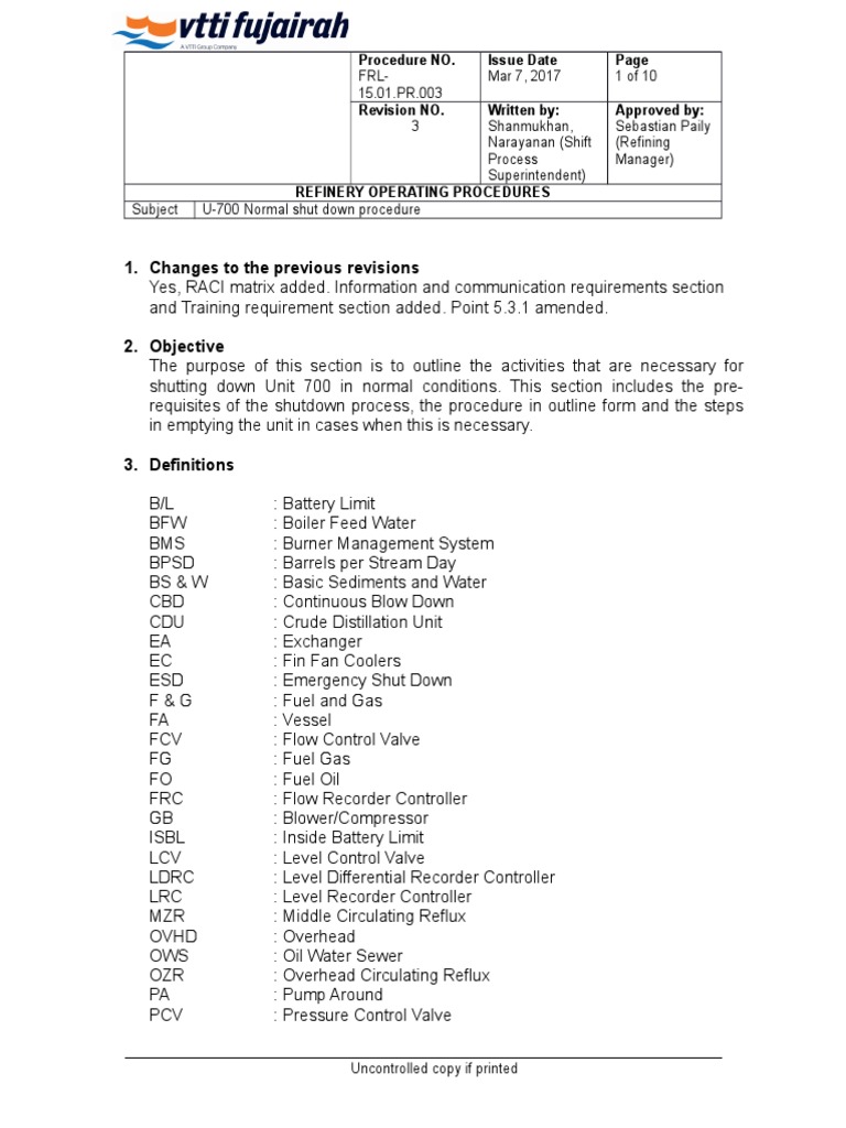 Normal Shut Down Procedure | PDF | Oil Refinery | Petroleum