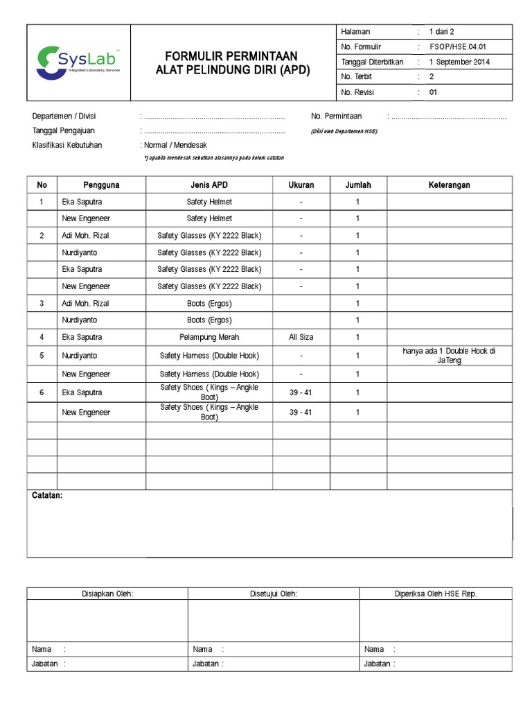 FSOP-HSE-04.01 Form Permintaan Alat Pelindung Diri (APD) | PDF