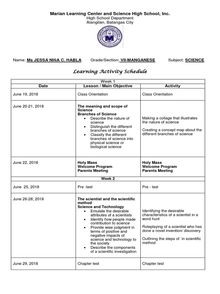 Learning Activity Schedule: Marian Learning Center and Science High ...