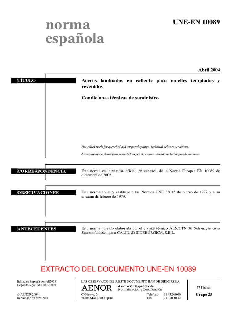 Une en 10089 2004 PDF | PDF | Tratamiento a base de calor | Acero