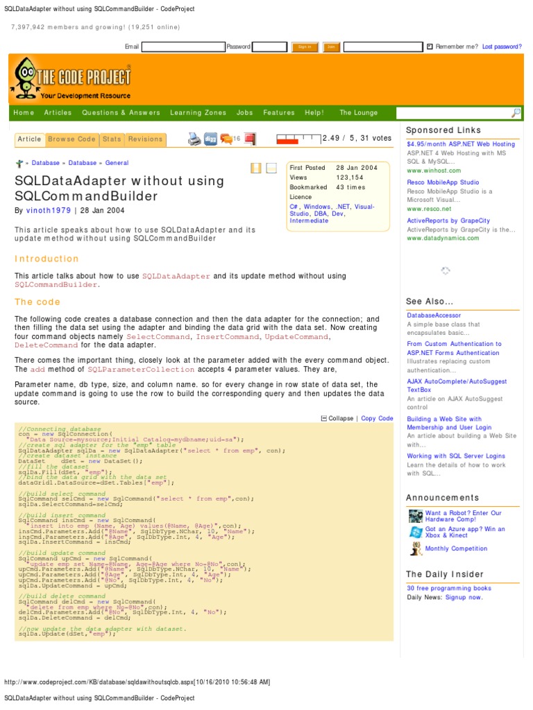 Sql Data Adapter Without Using Sql Command Builder Code Project Pdf Sql Databases 4112