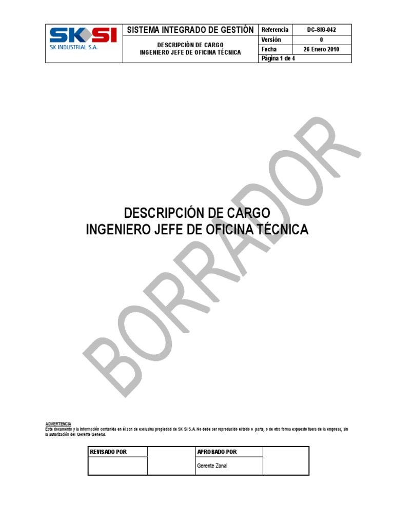 Descripción de Cargo Ingeniero Jefe de Oficina Técnica | PDF | Presupuesto | Planificación