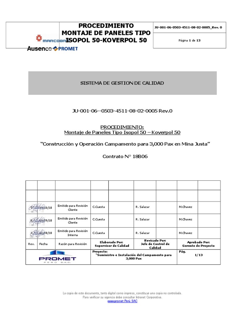 Procedimiento Montaje de Paneles Tipo Isopol 50 - Koverpol 50 | PDF ...