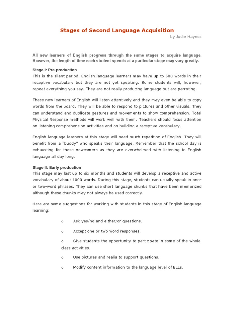 Stages of Second Language Acquisition | PDF | Applied Linguistics ...
