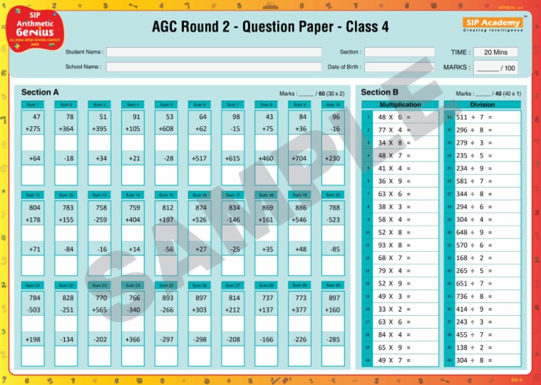 SIP Mathematics contest AGC Round 2 Question Paper Class 4