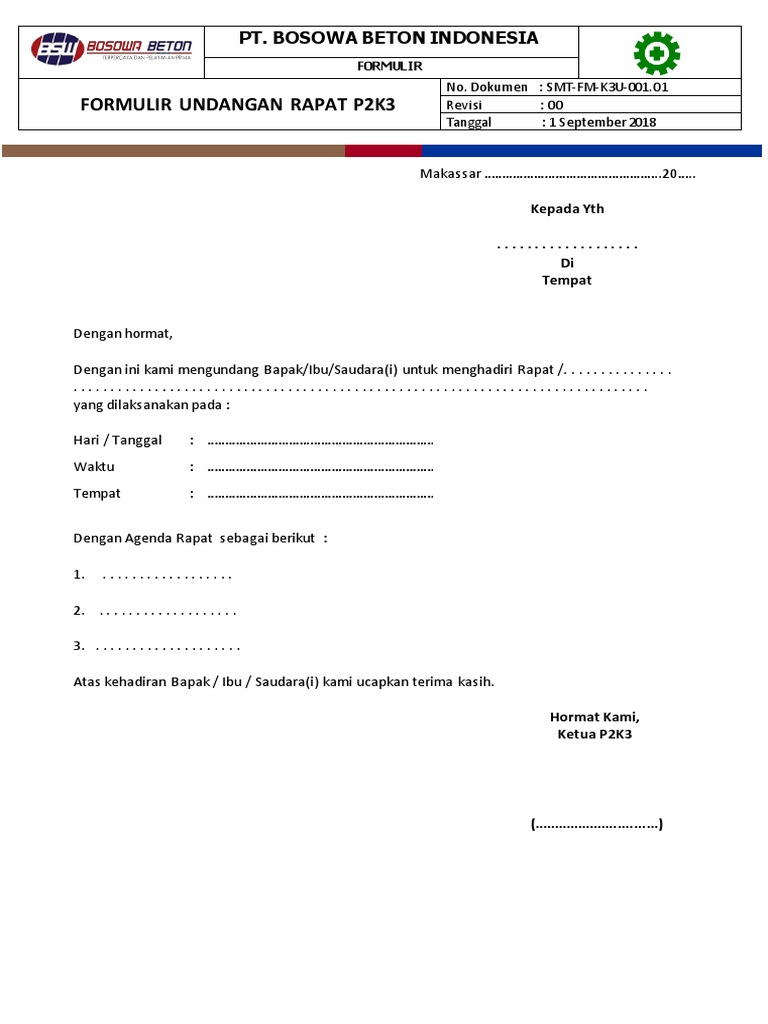SMT FM K3U 001.01 Undangan Rapat P2K3 Digabungkan | PDF