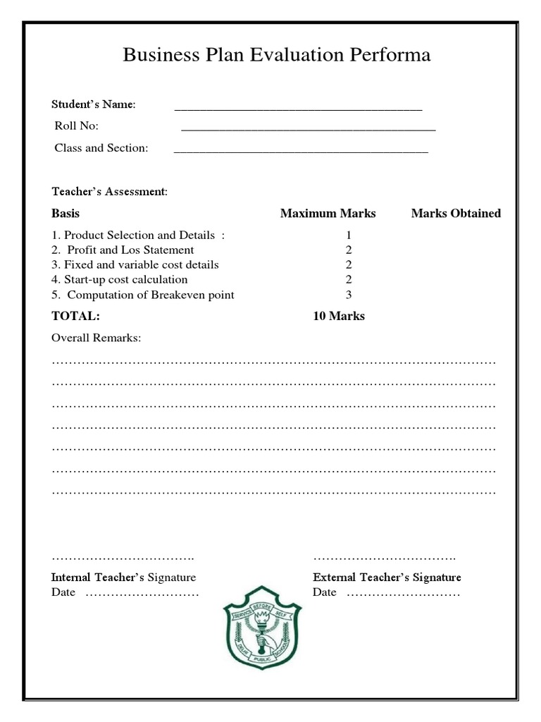 Business Plan Evaluation Performa | PDF | Business | Economies