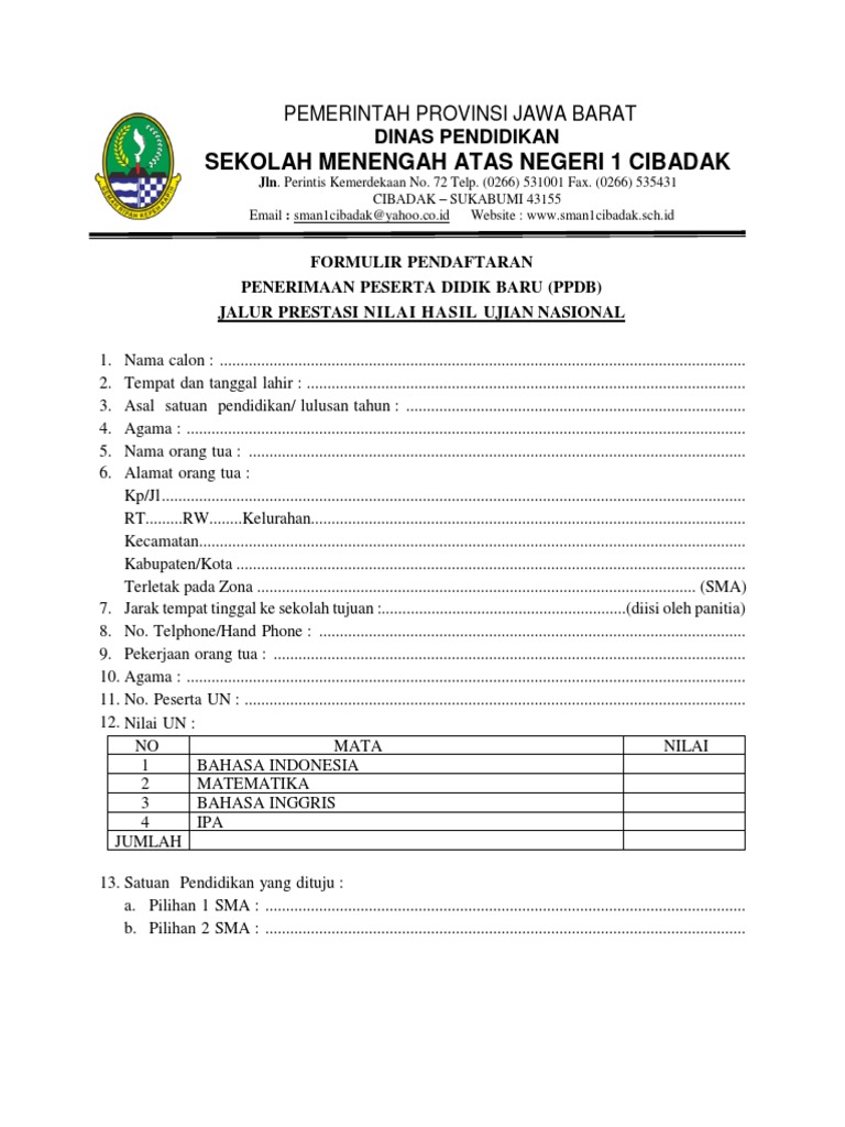 Form PPDB Jalur Prestasi | PDF