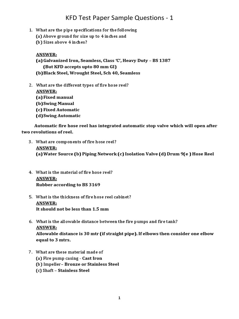 KFD Test Paper Sample Questions 1 | PDF | Fire Sprinkler System | Pump