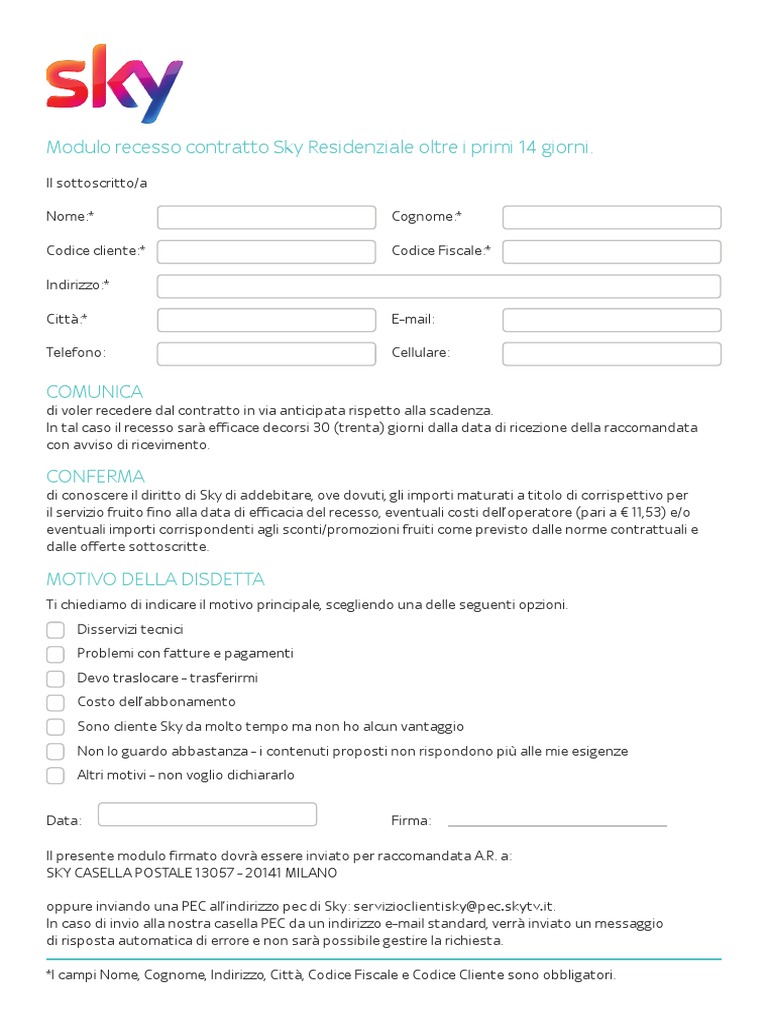 Modulo Disdetta Sky Oltre14giorni | PDF