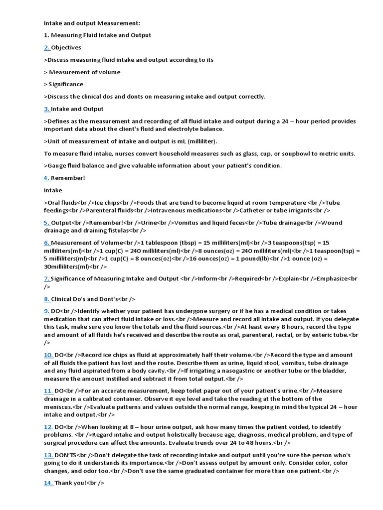 2019 Intake and Output Measurement | PDF | Teaspoon | Clinical Medicine