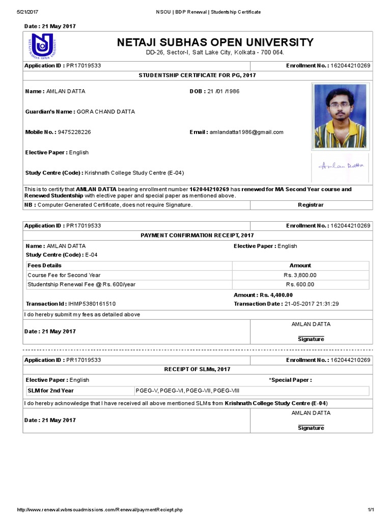 NSOU - BDP Renewal - Studentship Certificate | PDF | Service Industries ...