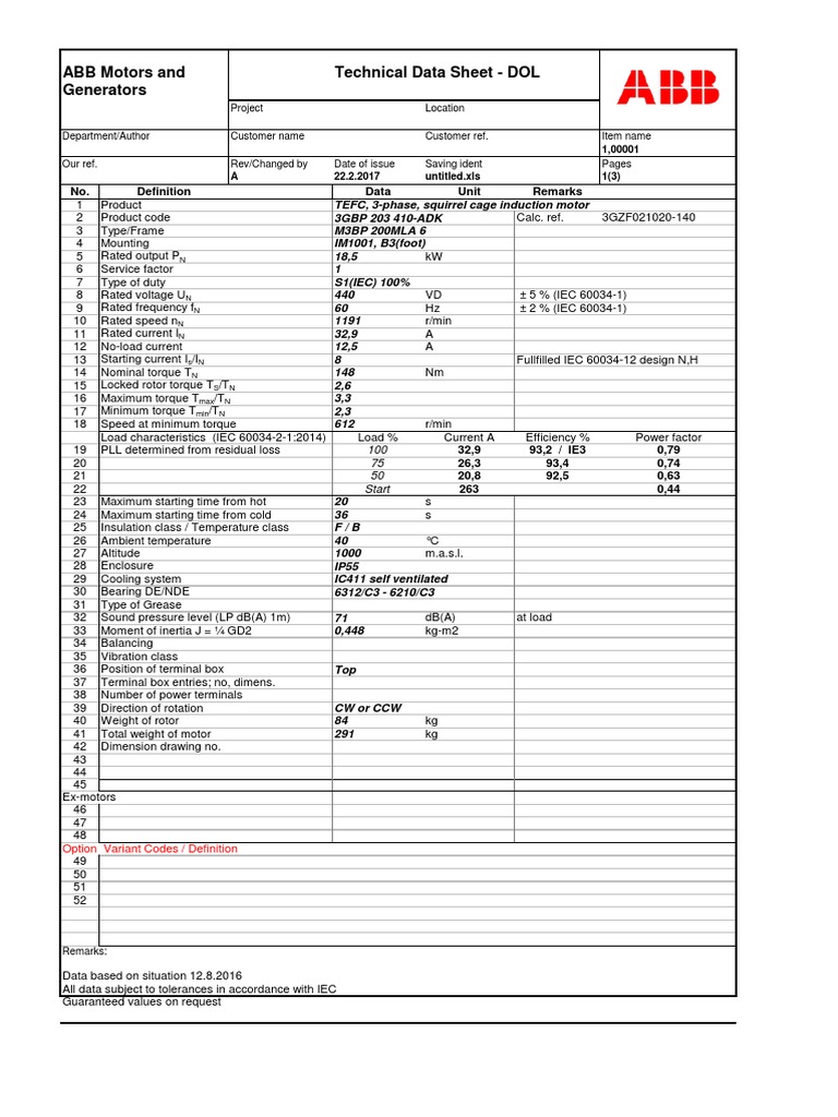 ABB Motors and Technical Data Sheet - DOL Generators: No. Data Unit ...