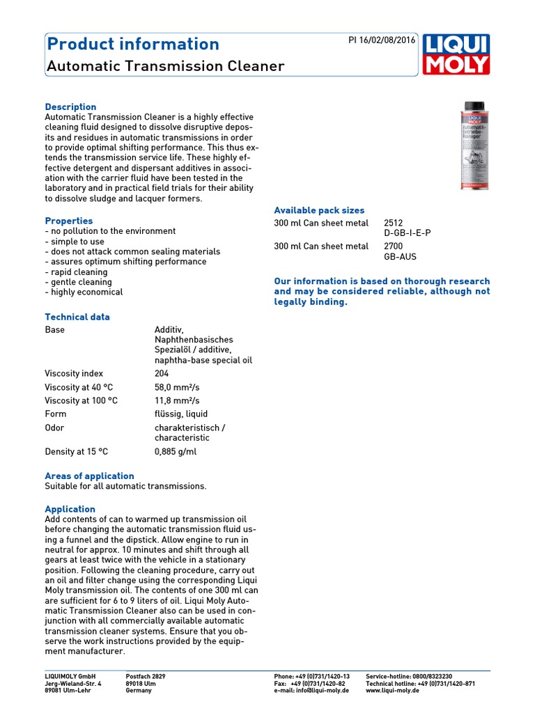 Product Information: Automatic Transmission Cleaner | PDF | Automatic ...