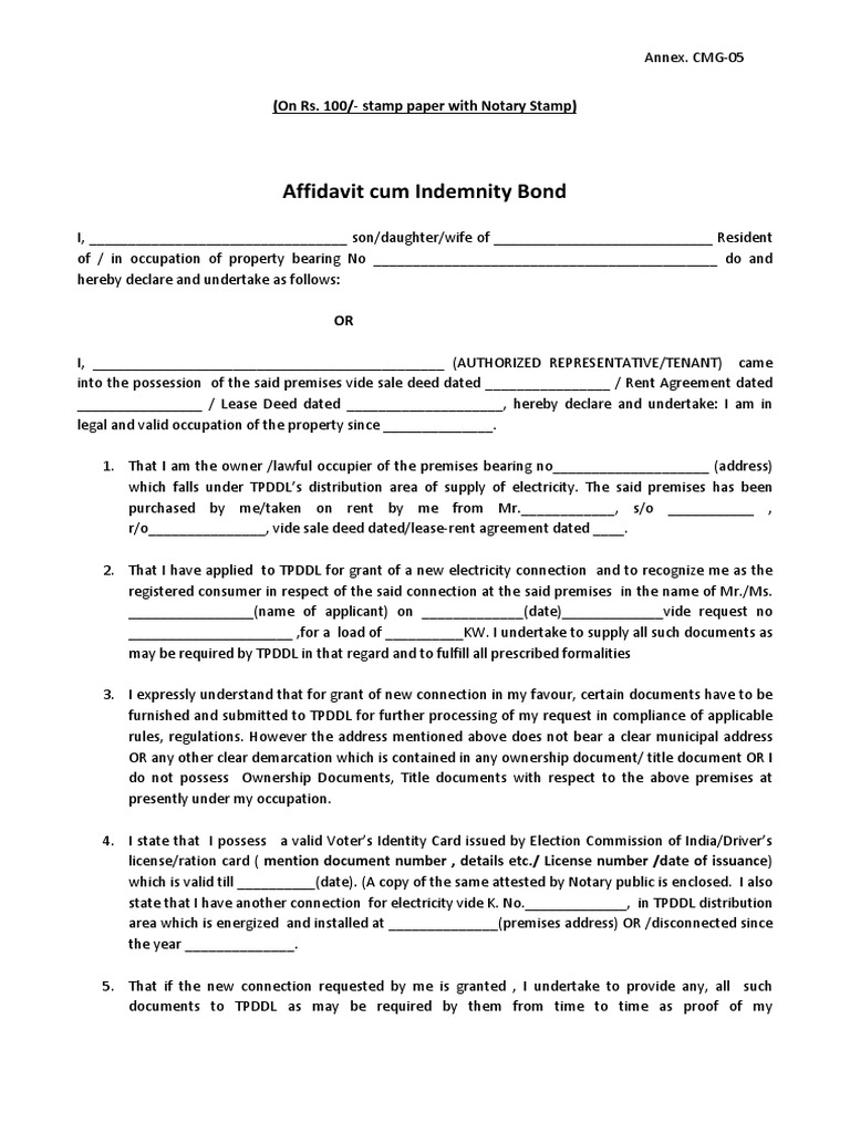 Indemnity Bond for Electricity Connection | PDF | Indemnity | Deed