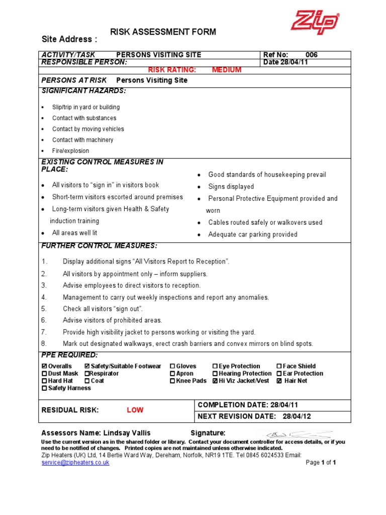 Risk Assessment Persons Visiting Site | PDF | Personal Protective ...