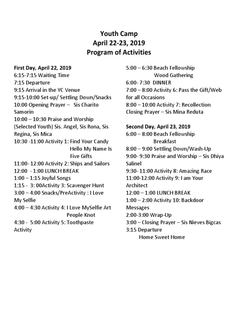 Youth Camp Activities Schedule 2019 | PDF | Cooking, Food & Wine