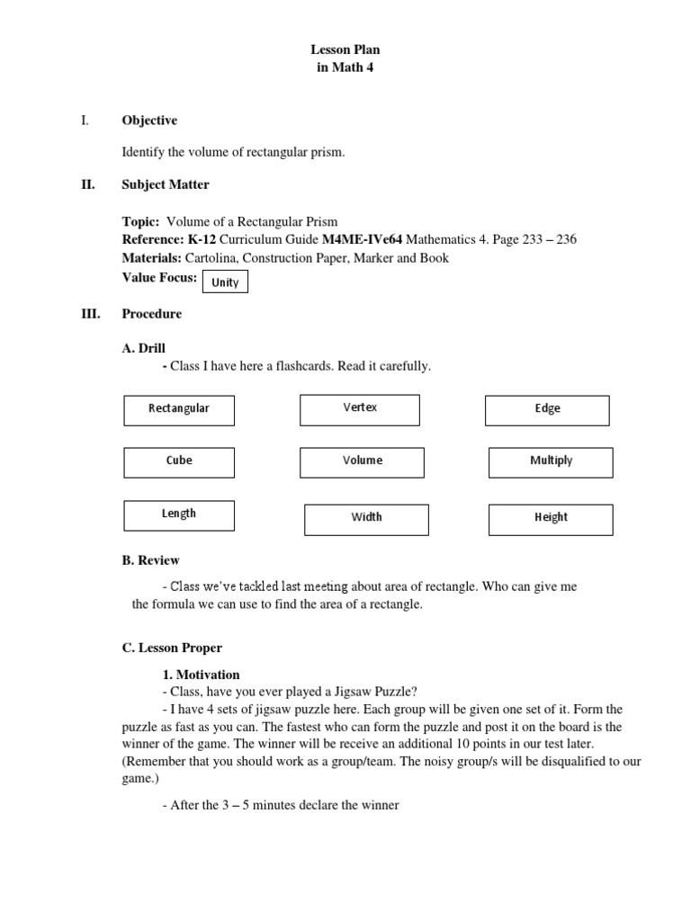 Lesson Plan | PDF | Volume | Rectangle