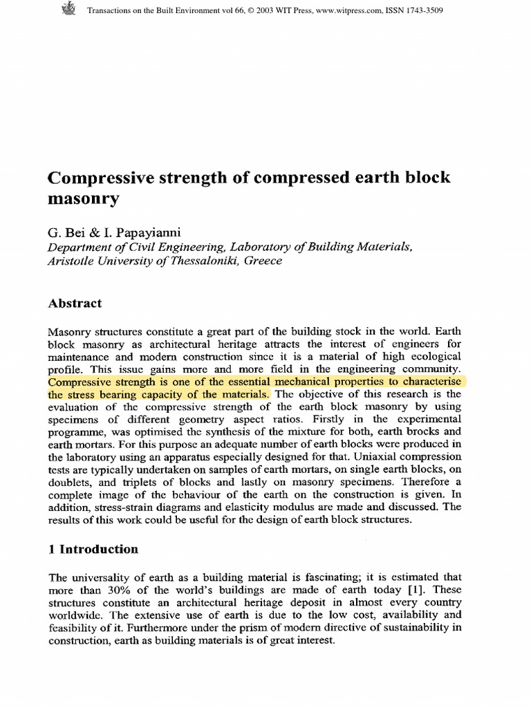 Compressive Strength of Compressed Earth Block Masonry. Transactions On ...