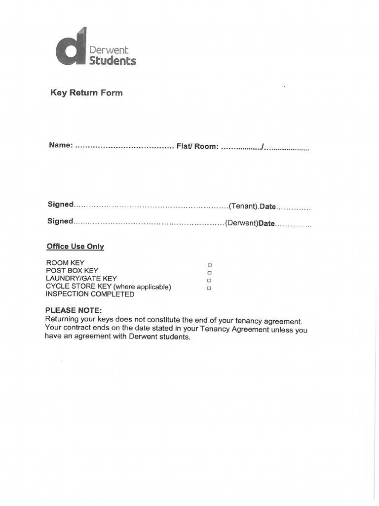 Key Return Form End of Tenancy | PDF