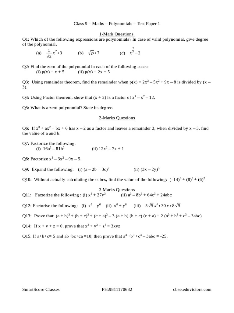 Polynomials Testpaper1 | PDF