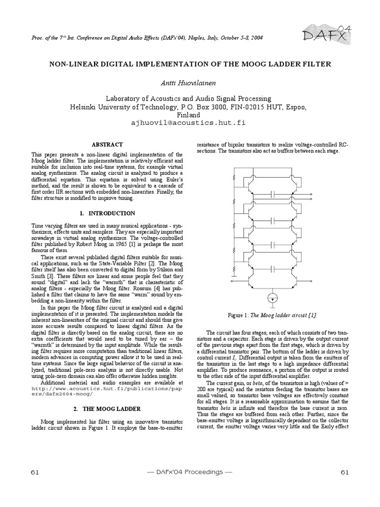 Non-Linear Digital Implementation of The Moog Ladder Filter (Antti Huovilainen) | PDF ...