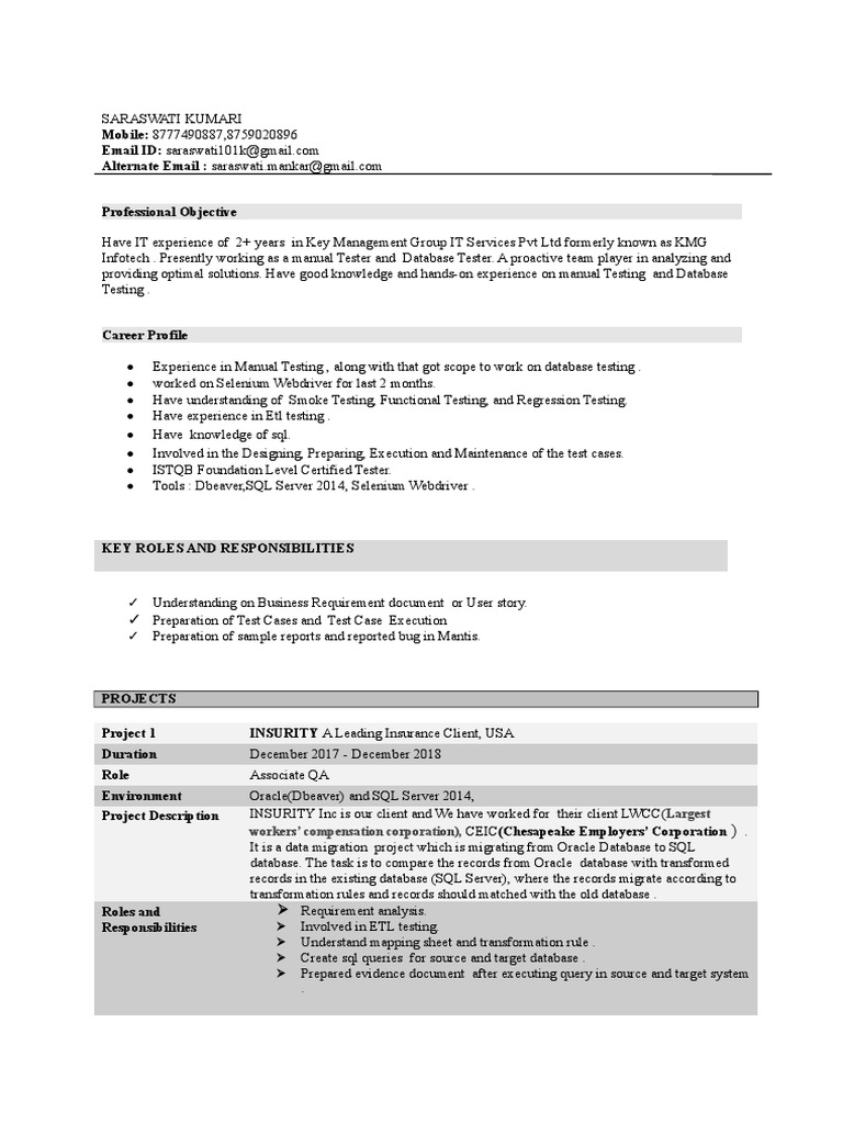 Resume - Saraswati Kumari 2+ Years Exp in QA | PDF | Microsoft Sql Server | Databases