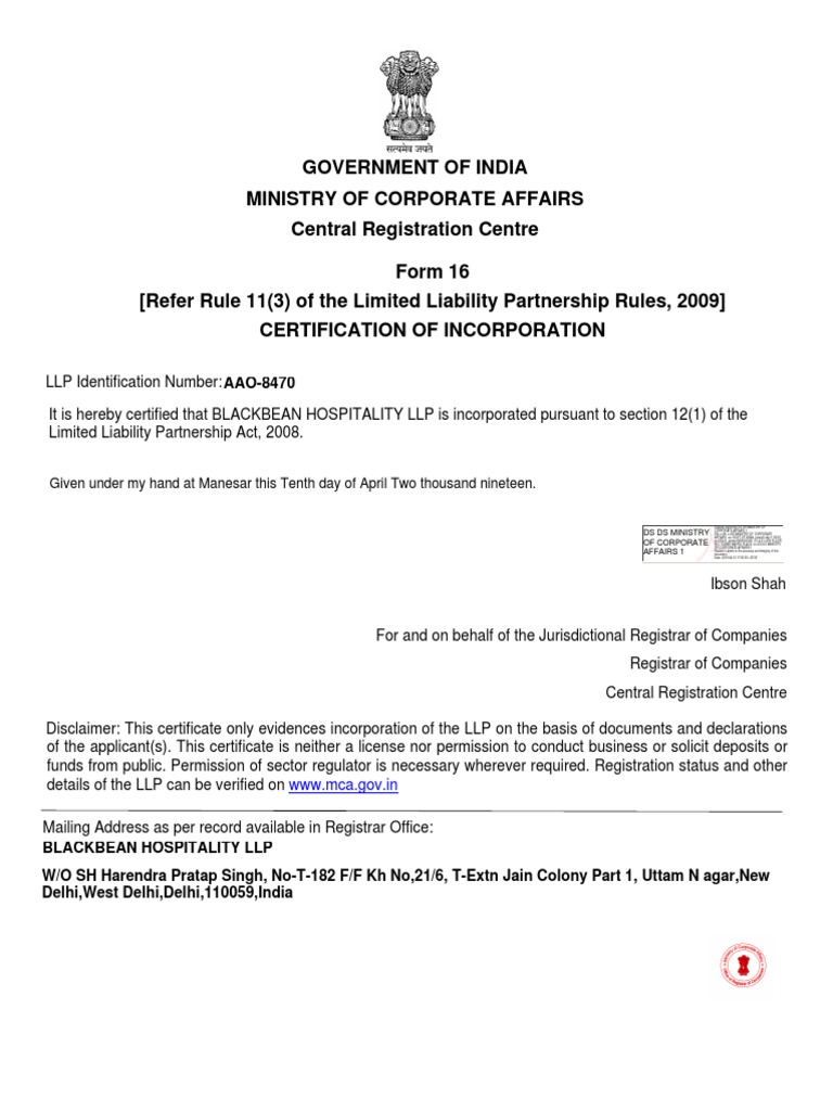Certificate of LLP Incorporation | PDF | Limited Liability Partnership ...