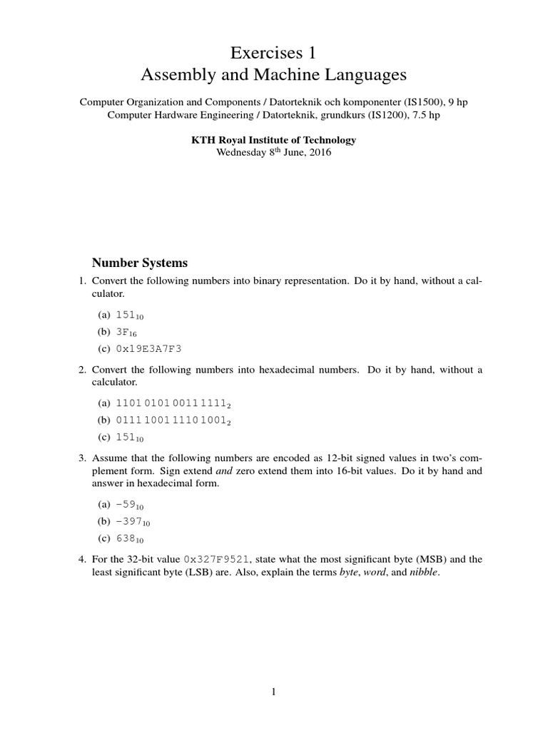 Exercises 1 Assembly and Machine Languages: Number Systems | PDF ...
