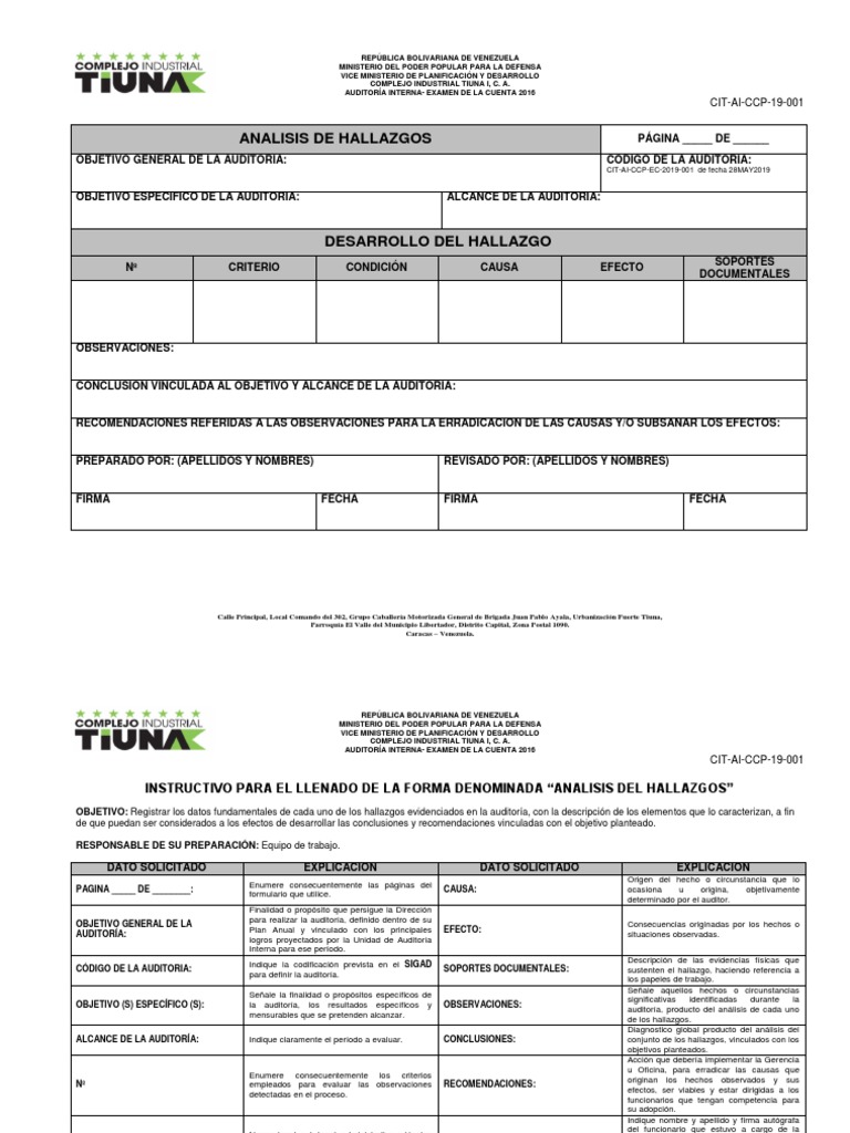 Modelo Cedula de Hallazgos Examen de La Cuenta 2016 | Auditoría ...