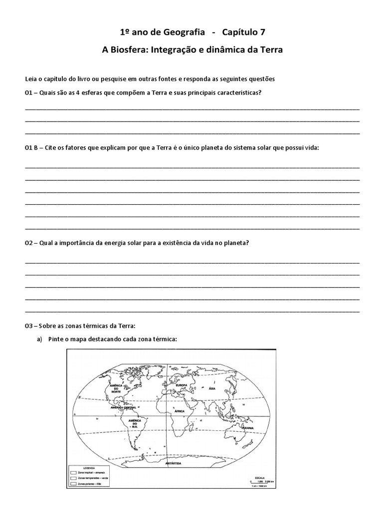 Exercício 1º Ano 2º Bim 2019 - Cap. 7 - Biosfera | PDF | Terra ...
