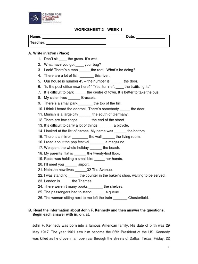 Mixed Preposition Practice Worksheet | PDF