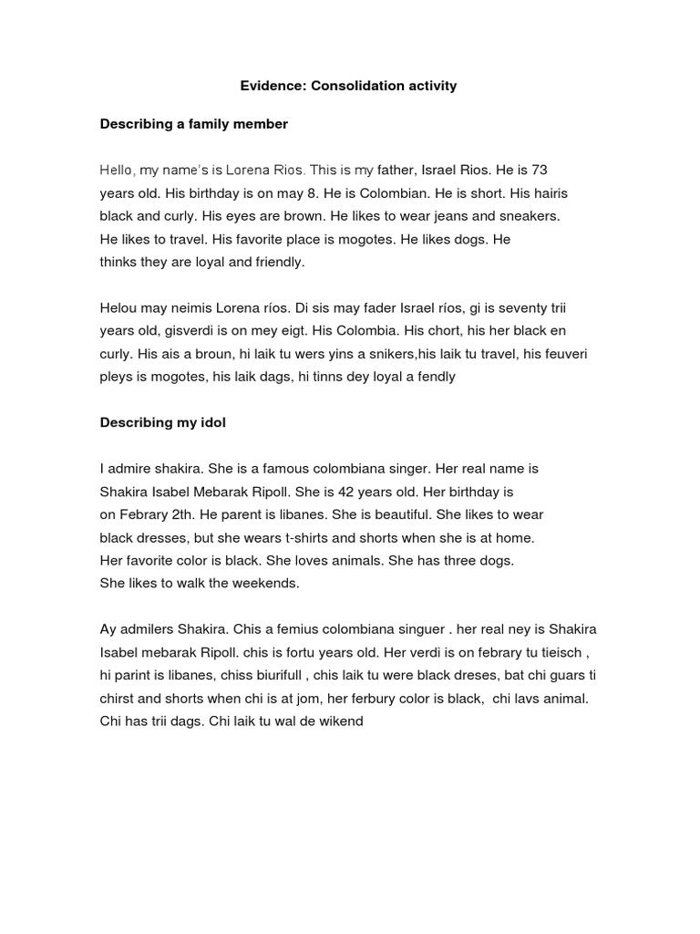 Evidence: Consolidation Activity: Describing My Idol | PDF