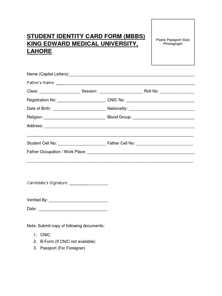 Student Identity Card Form (MBBS) King Edward Medical University ...