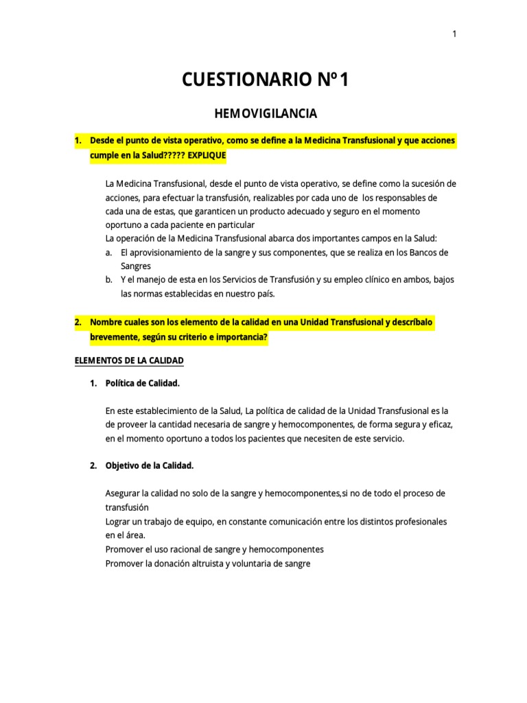 Cuestionario #1 de Hemovigilancia Resuelto | PDF | Donación de sangre ...
