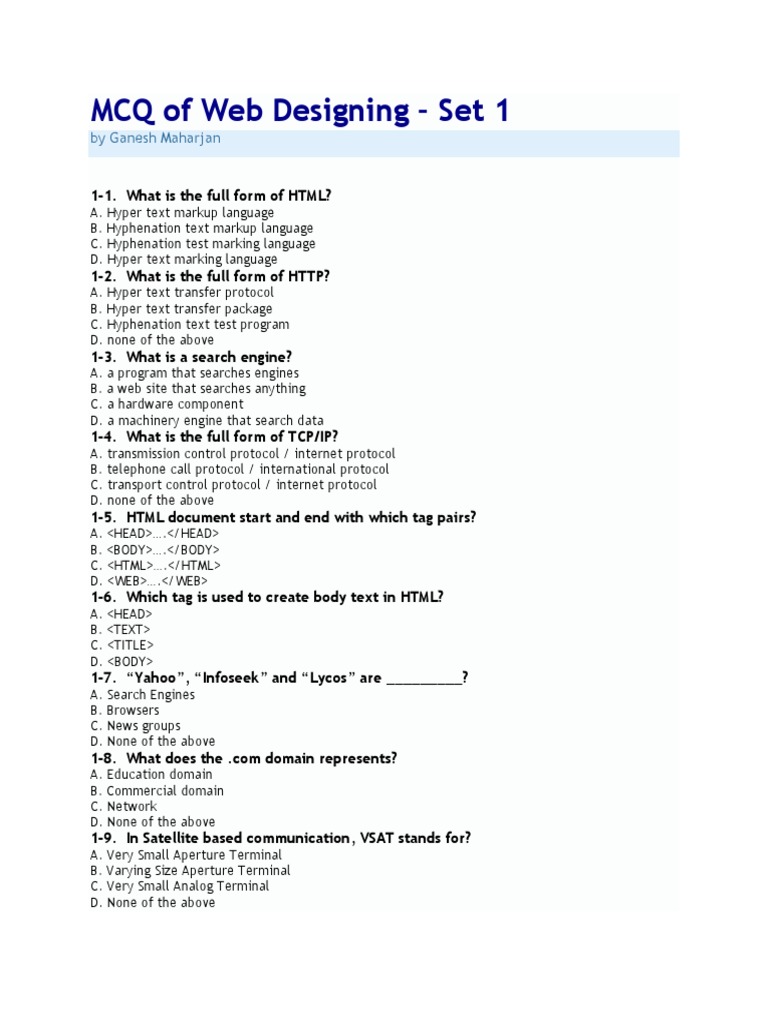 MCQ of Web Designing - Set 1: by Ganesh Maharjan | PDF | Html Element ...