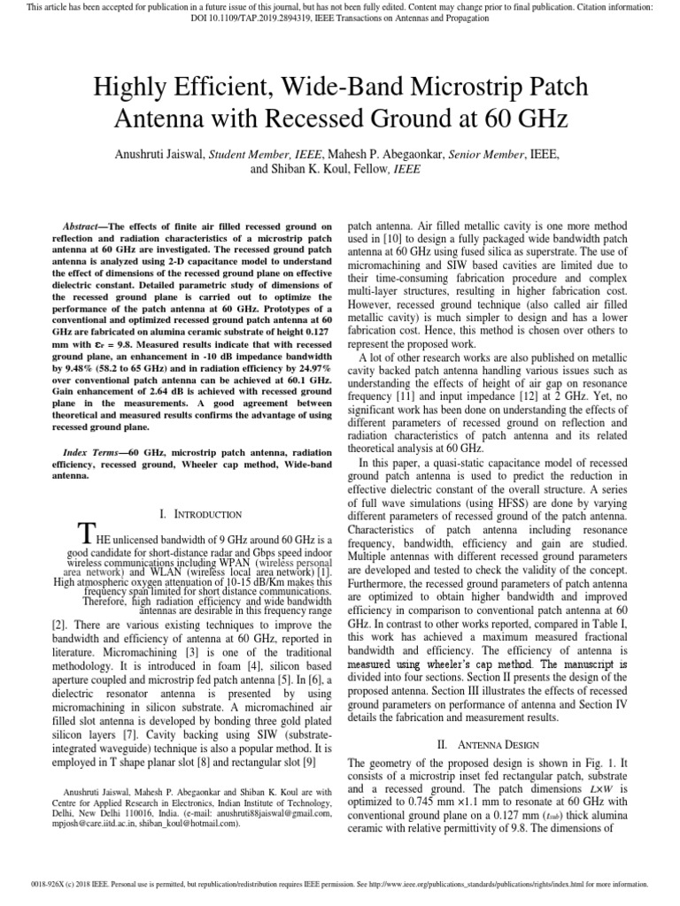 Highly Efficient, Wide-Band Microstrip Patch Antenna With Recessed Ground at 60 GHZ | PDF ...