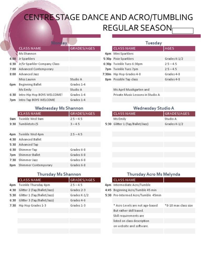 Centre Stage Dance and Acro 2019-20 Schedule | PDF | Concert Dance | Dances