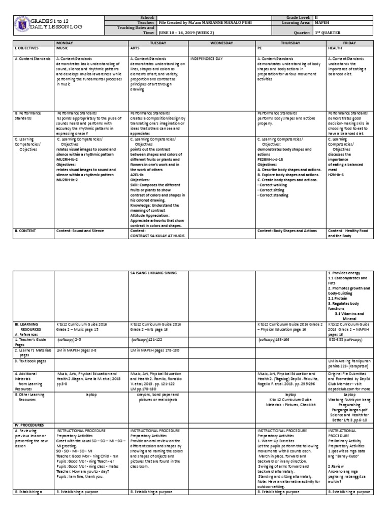 GRADES 1 To 12 Daily Lesson Log | PDF | Curriculum | Physical Education