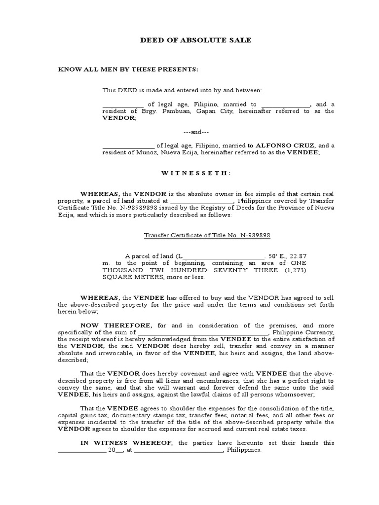 Deed of Sale of Land | PDF | Fee Simple | Deed