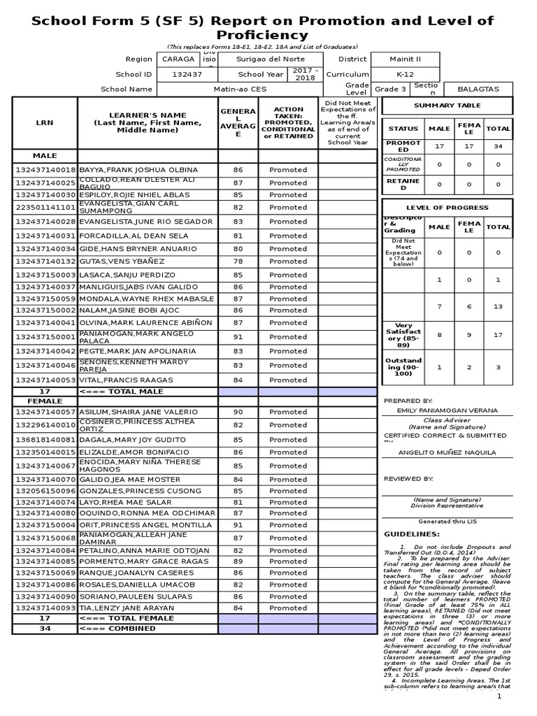 Matin-ao CES Grade 3 Report on Promotion and Level of Proficiency for ...