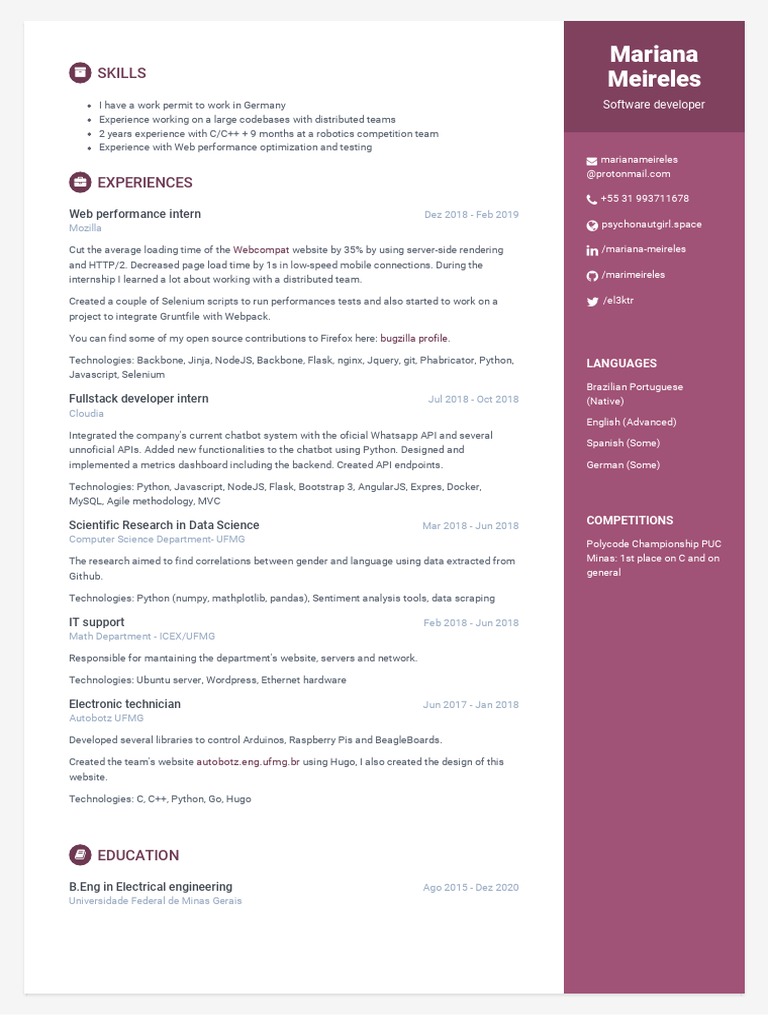 CV Mariana Meireles | PDF | Java Script | Python (Programming Language)