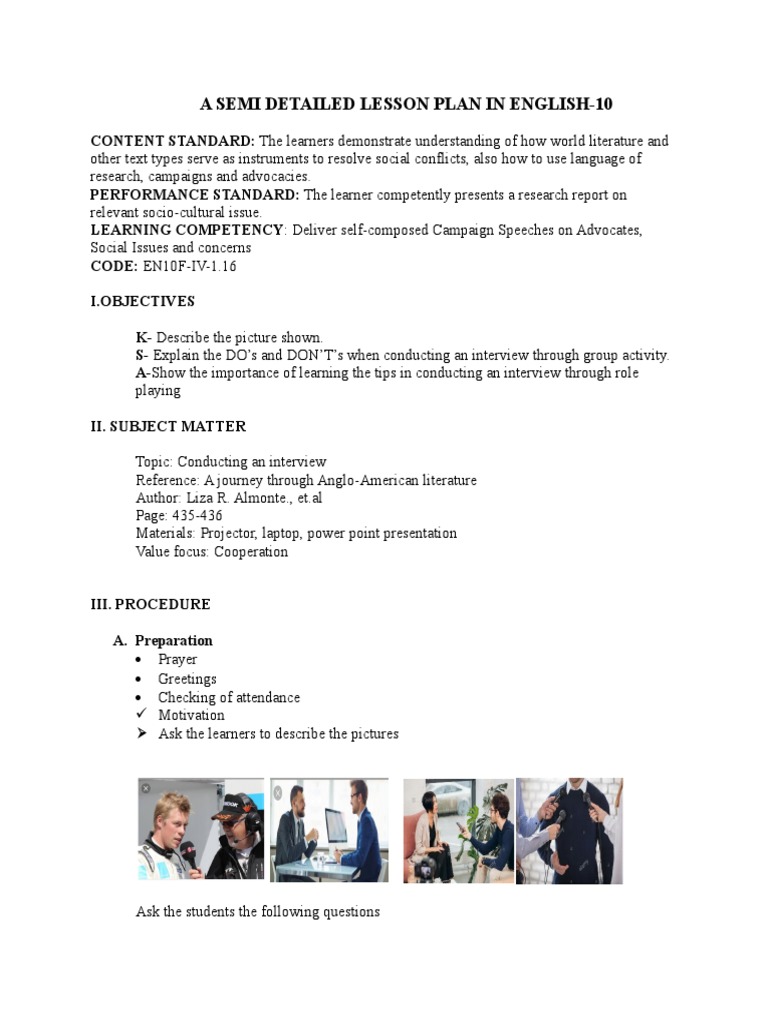 Semi-Detailed Lesson Plan: Interview Skills | PDF | Interview | Lesson Plan