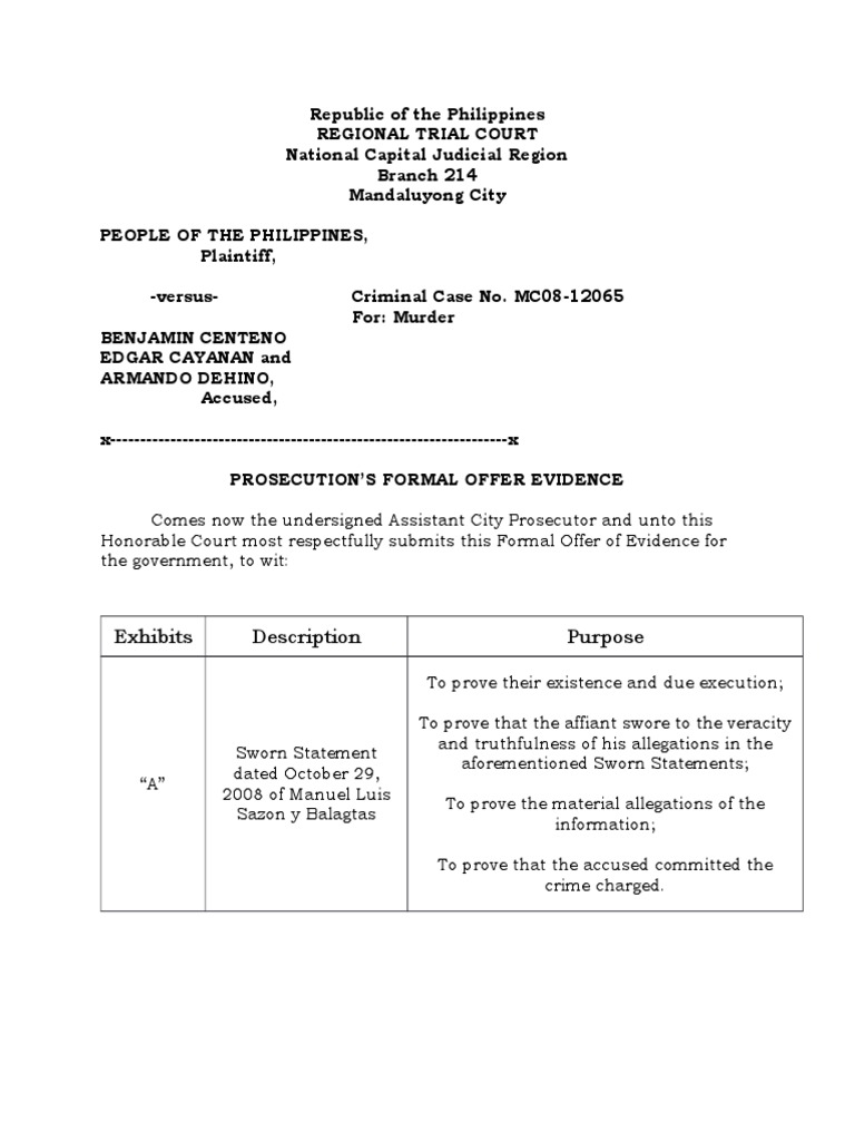 Prac Court Formal Offer of Evidence. | Download Free PDF | Prosecutor ...