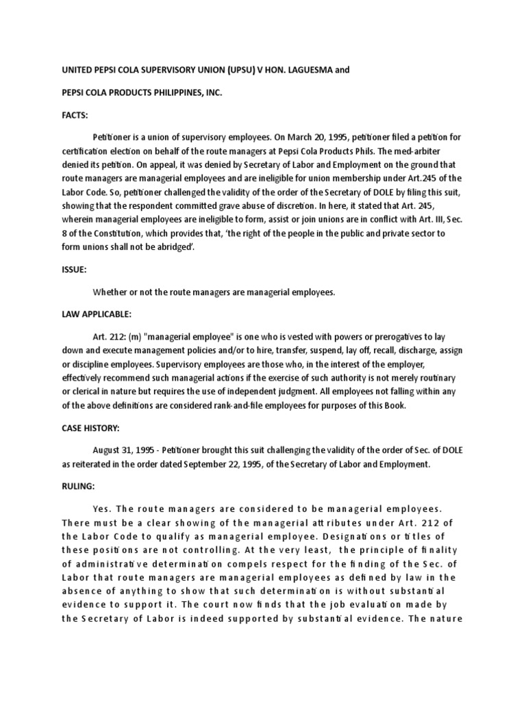 United Pepsi Cola Supervisory Union (UPSU) v. Pepsi Cola Product Philippines | PDF | Employment ...