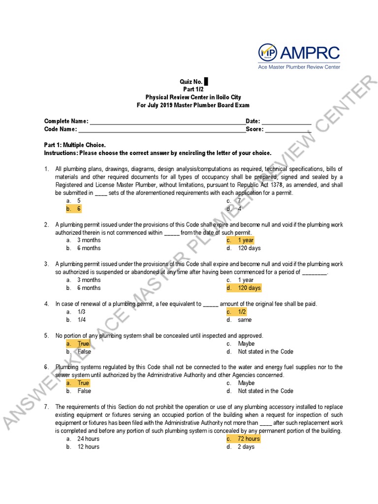 Quiz# 1 Answer Key Part1 - 2 - Watermark | PDF | Plumbing | Storm Drain