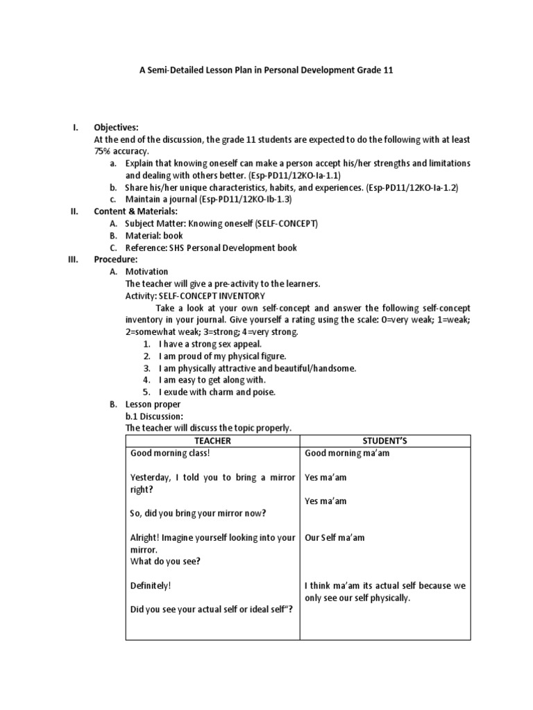 Understanding Self-Concept: An In-Depth Lesson Plan on Knowing One's ...