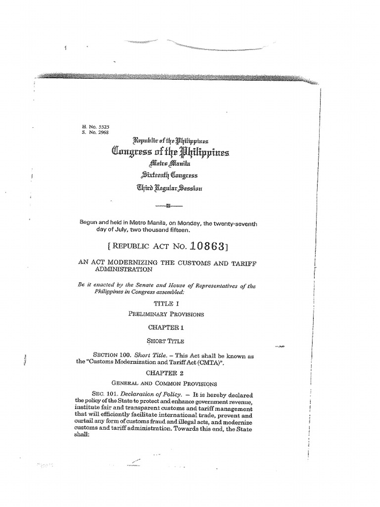 RA 10863 / An Act Modernizing The Customs and Tariff Administration | PDF