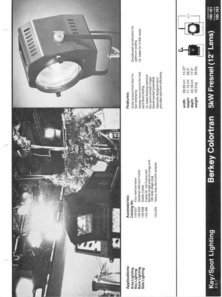 Berkey Colortran 5kW Fresnel (12-Inch Lens) Spec Sheet 1980 | PDF